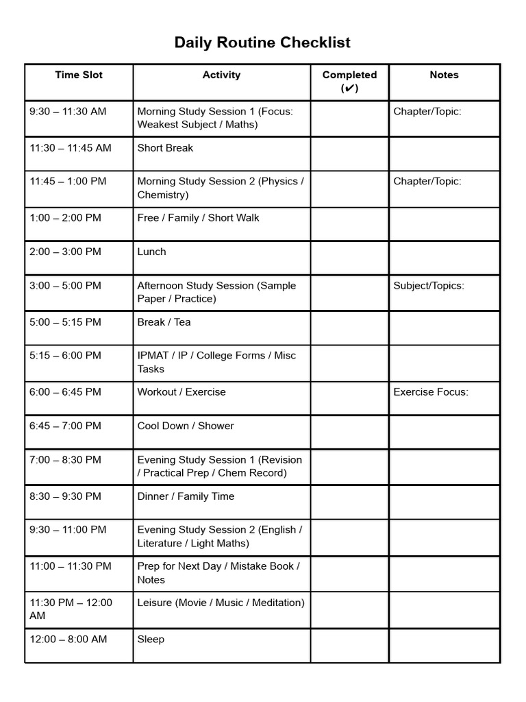 Daily Study and Routine Checklist | PDF