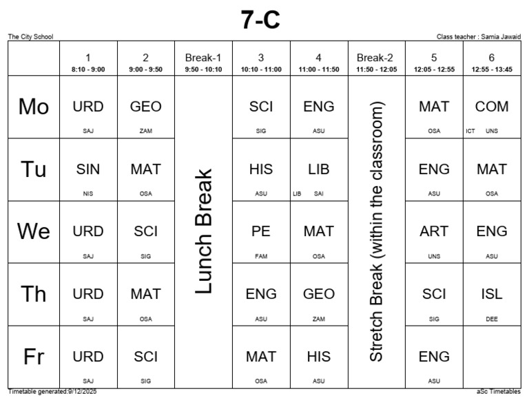 Class Time Table 7-C | PDF