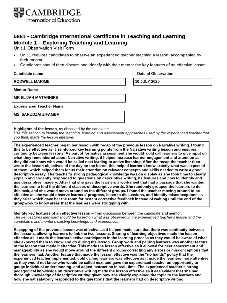 Effective Teaching Observation Insights | PDF | Learning | Mentorship