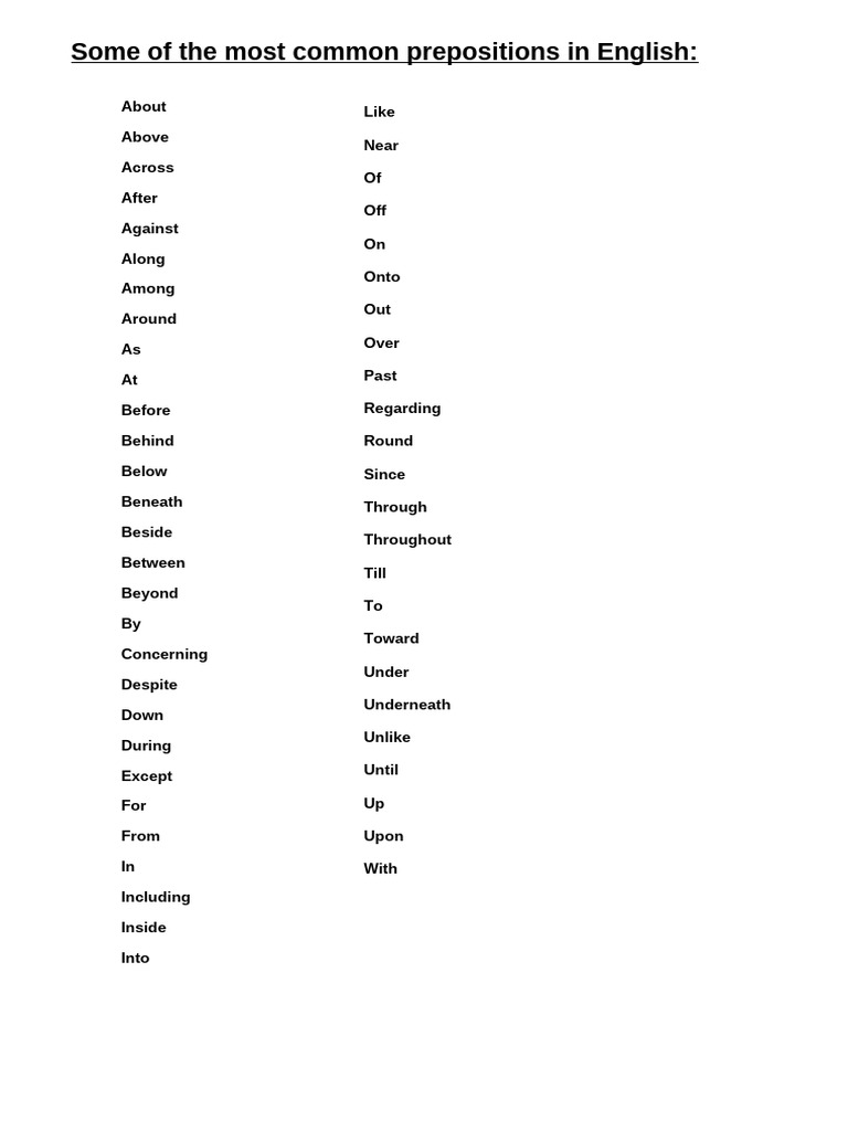 Common English Prepositions List | PDF