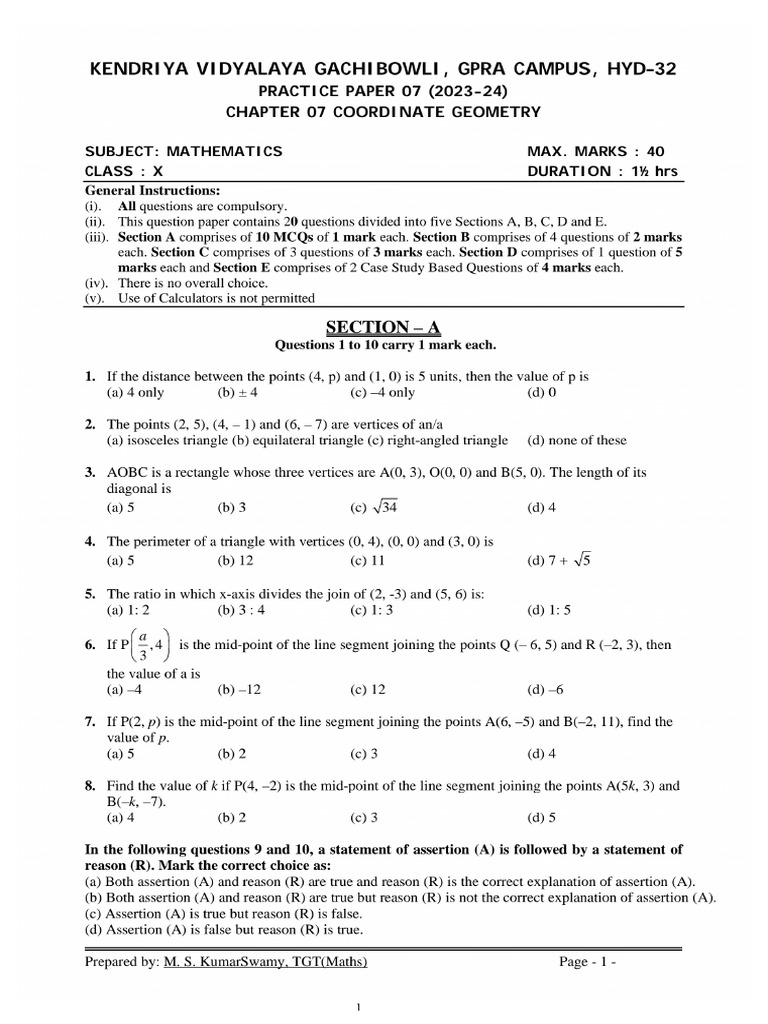 Maths Class x Chapter 07 Coordinate Geometry Practice Paper 07 1 | PDF