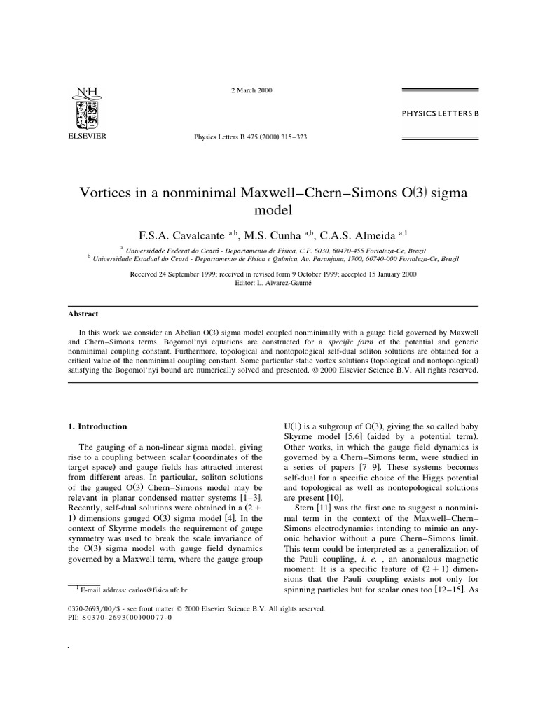 2000 PLB A2 Vortices in A Nonminimal MCS O3-Sigma Model | PDF | Gauge ...