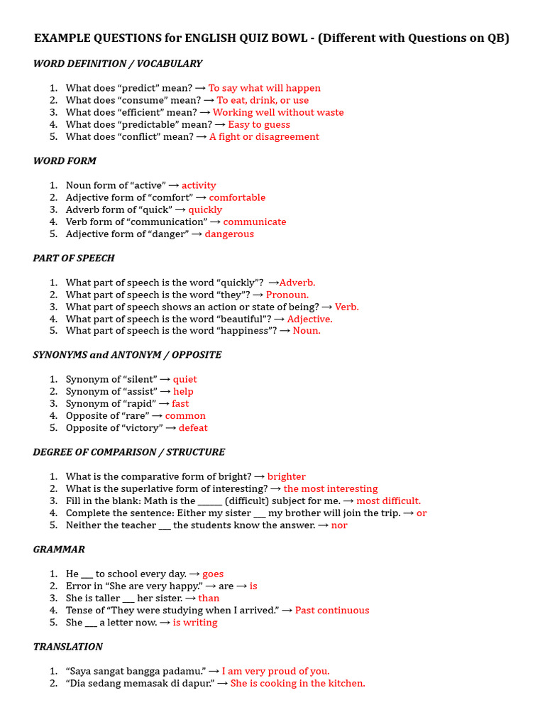 English Quiz Bowl Sample Questions | PDF | Part Of Speech | Adjective