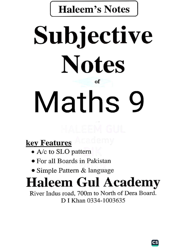 Subjective Notes of Maths 9th by Haleem Gul Academy DIK03341003635 | PDF