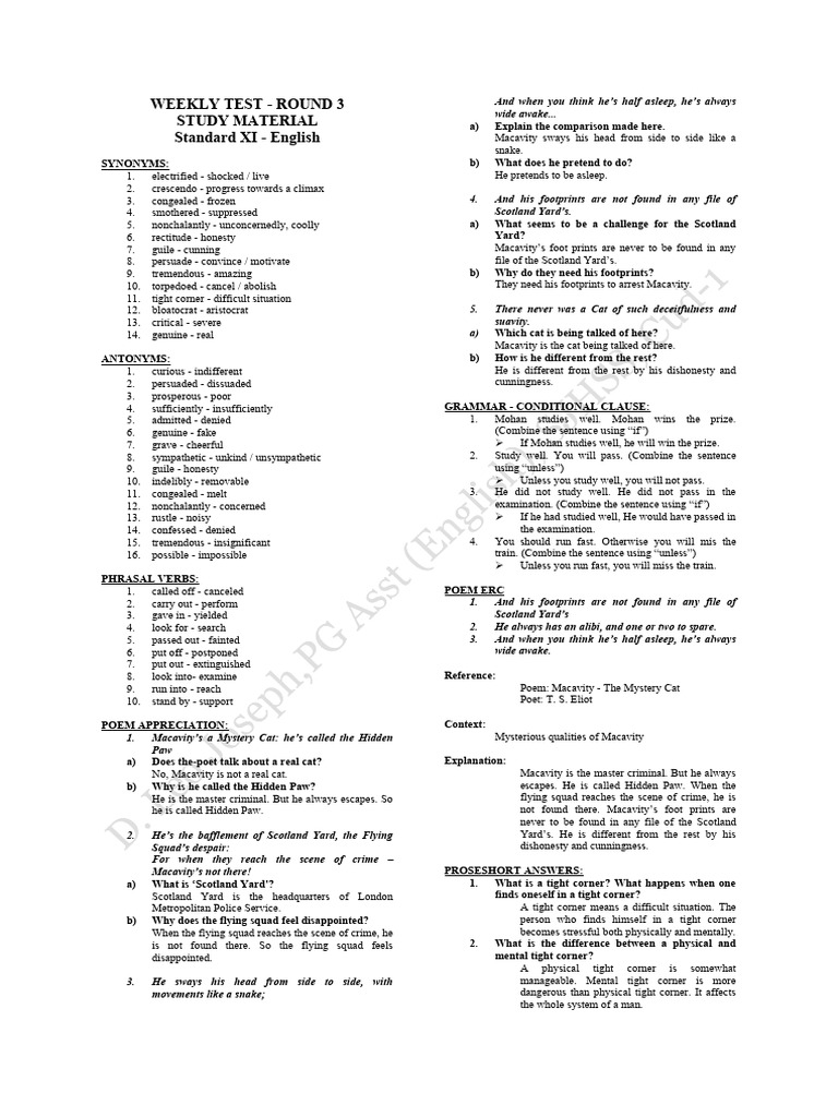 11th STD English Study Material - Weekly Test - 3 | PDF