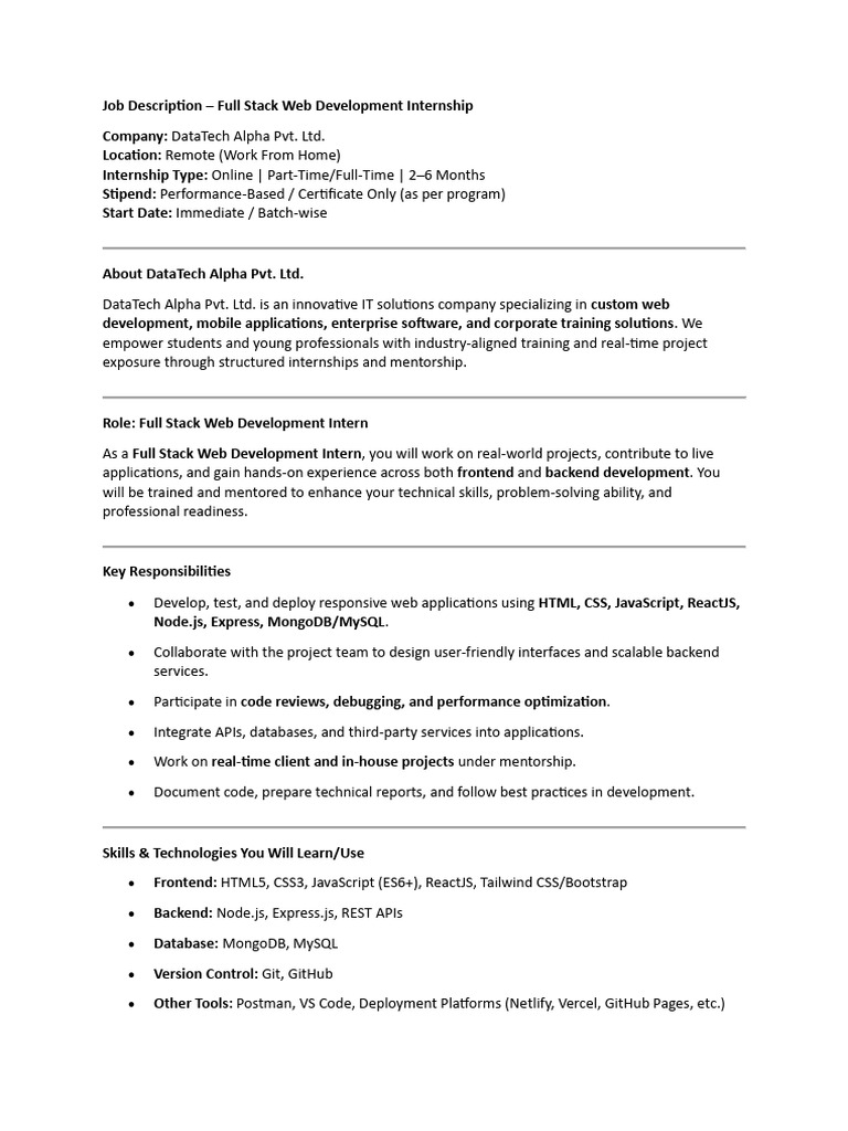 Job Description Full Stack Developer | PDF | Web Development | World ...