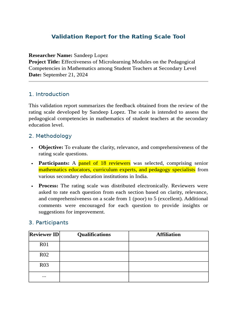 Validation Report: Rating Scale Tool | PDF | Pedagogy | Mathematics