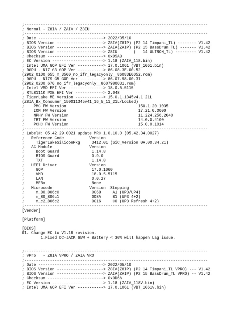 z8ia Zaia z8iu Timpani Tl Bassdrum Tl Ultron Tl Bios v1.42 Release Note | PDF | Bios | Booting