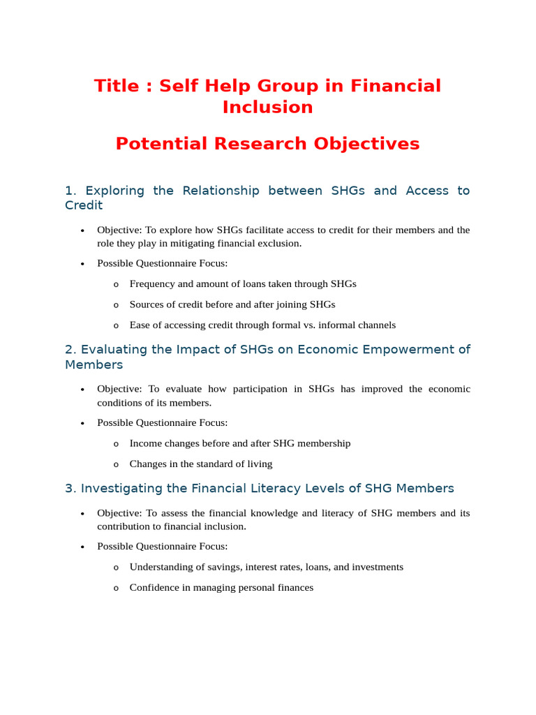 SHG's & FI Potential Research Objectives | PDF | Financial Inclusion | Risk