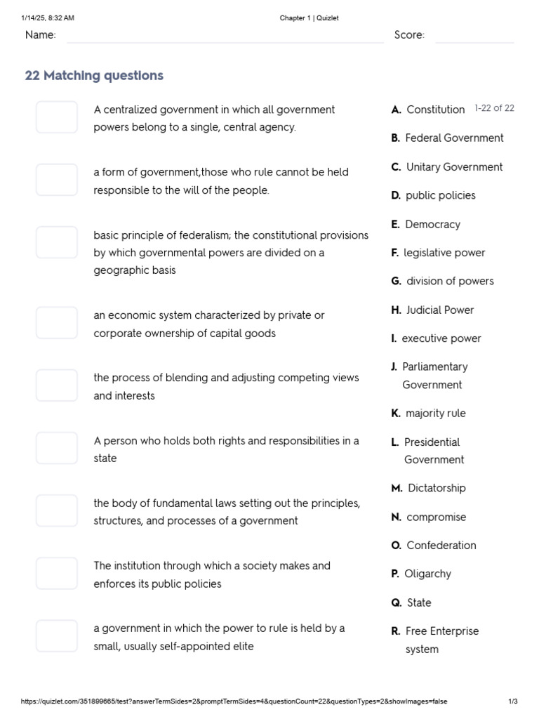 Turner Ballard - Government Chapter 1 Vocabulary Quiz | PDF ...