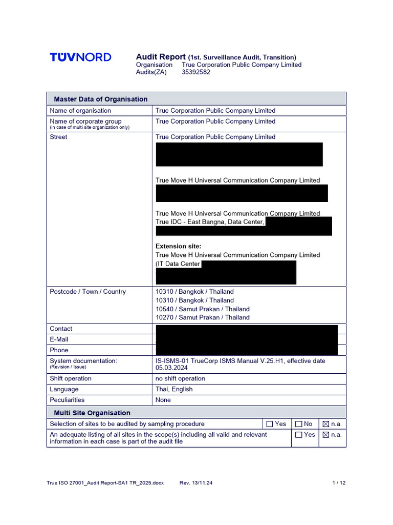 Redacted True ISO 27001 Audit Report | PDF | Audit | Auditor's Report