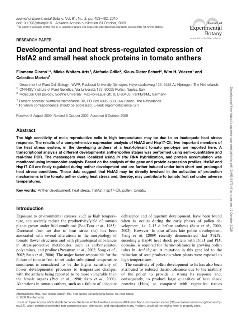 Developmental and Heat Stress-Regulated Expression of HsfA2 and Small ...