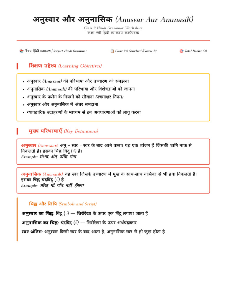 Class 9 Hindi - Anusvar Aur Anunasik Worksheet | PDF