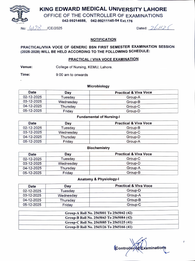 Practical Viva Schedule BSN Generic Nursing 1st Semester | PDF | Health ...