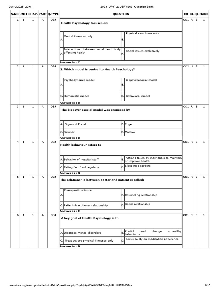 Health Psychology Question Bank | PDF | Stress (Biology) | Pain