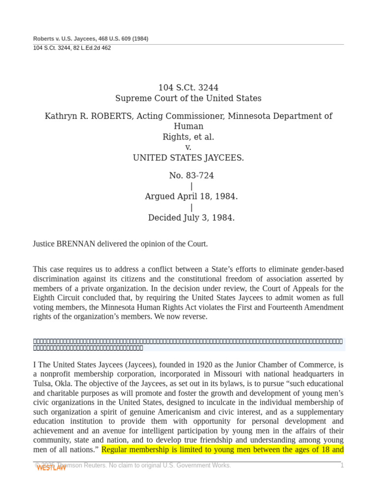 Roberts V US Jaycees | PDF | Freedom Of Association | Justice