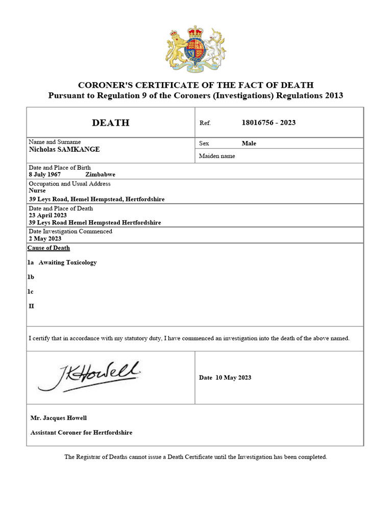 Coroner's Certificate of Death: Nicholas Samkange | PDF
