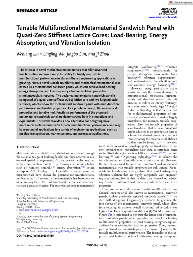 Liu Et Al. - 2024 - Tunable Multifunctional Metamaterial Sandwich Panel ...