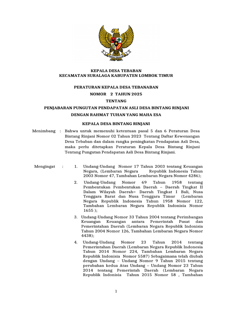 Pungutan Pendapatan Desa Bintang Rinjani | PDF