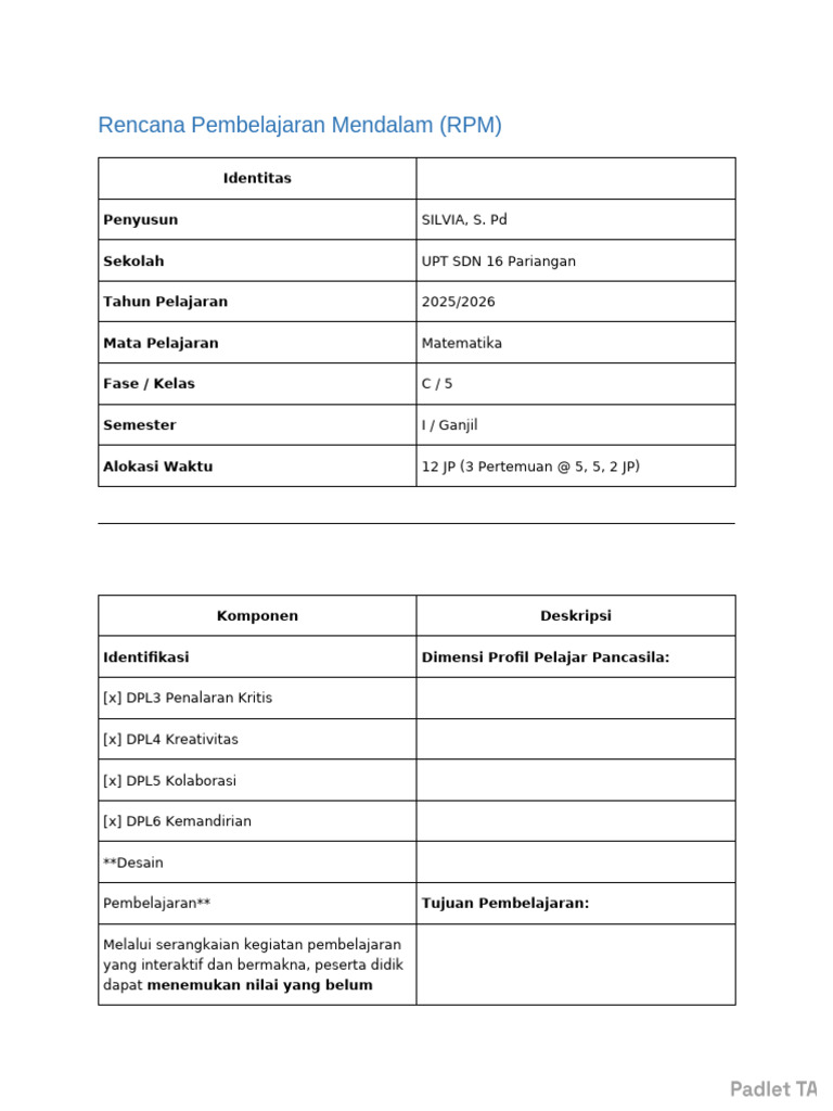 Rencana Pembelajaran Mendalam (RPM) | PDF