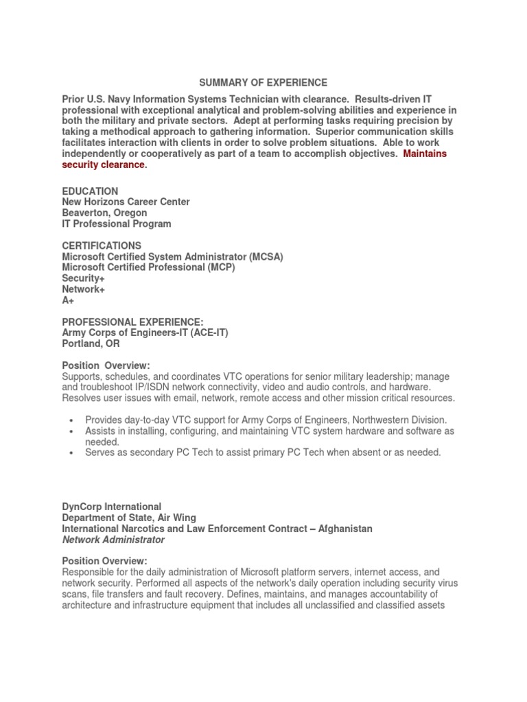 Maintains Security Clearance: Network Administrator | PDF | Microsoft ...