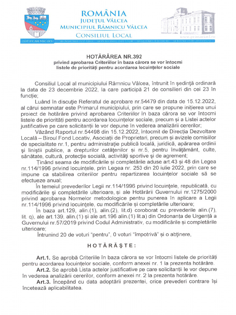 392.aprobare Criterii Intocmire Liste Prioritati Locuinte Sociale | PDF