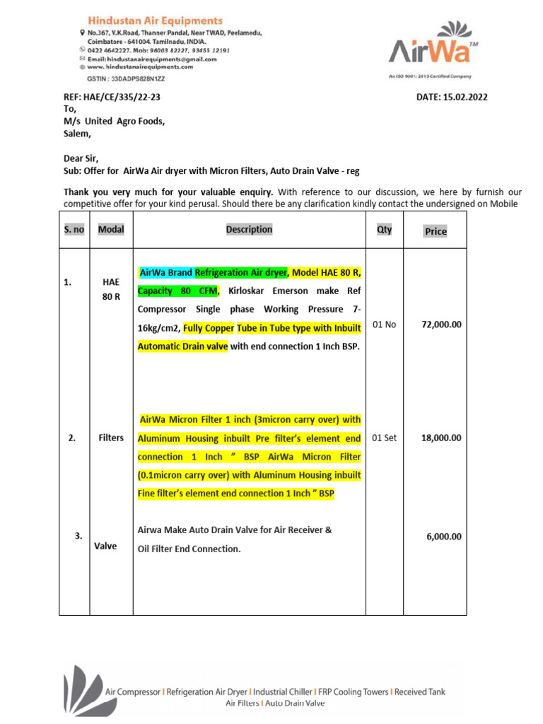 United Agro Air Dryer 80CFm Quote-Merged | PDF