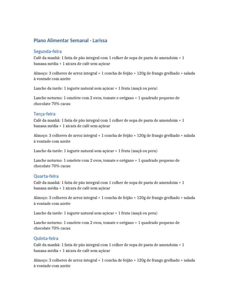 Plano Alimentar Semanal Saudável | PDF | Chocolate | Tomate