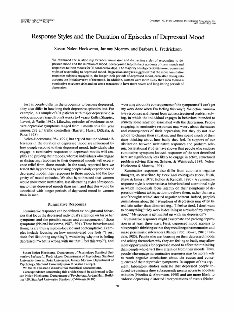 Response Styles and The Duration of Episodes of Depressed Mood | PDF ...