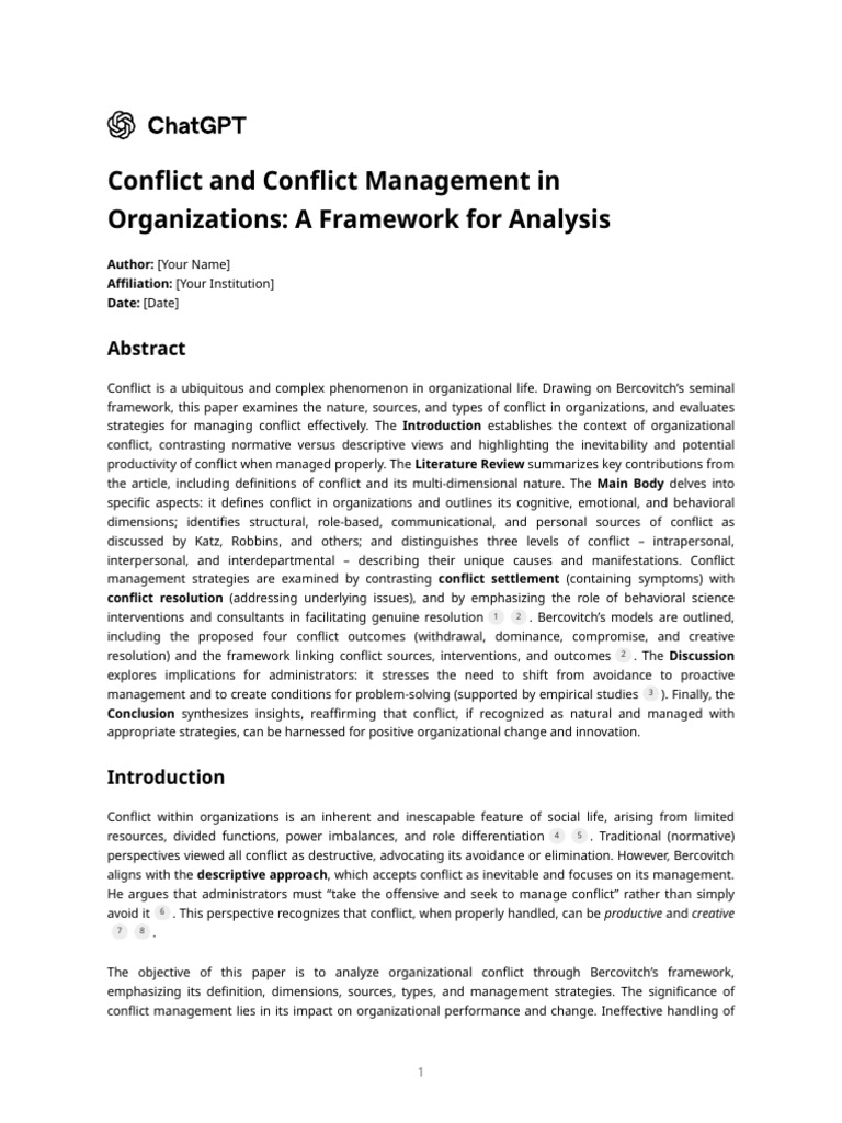 Conflict and Conflict Management in Organizations - A Framework For ...