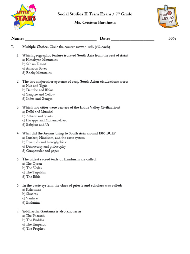 7th Grade Social Studies Exam: South Asia | PDF | South Asia | Ashoka