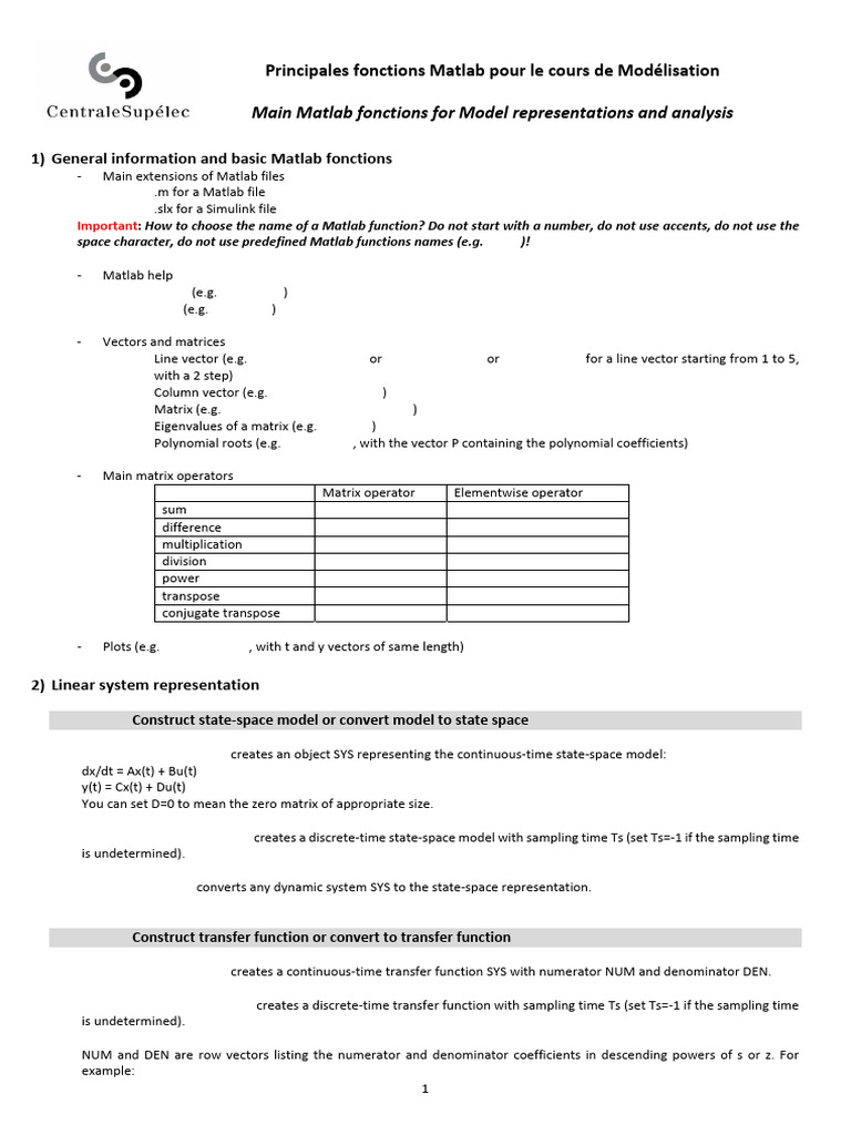 Doc Matlab Modelisation | PDF | Matrix (Mathematics) | Matlab
