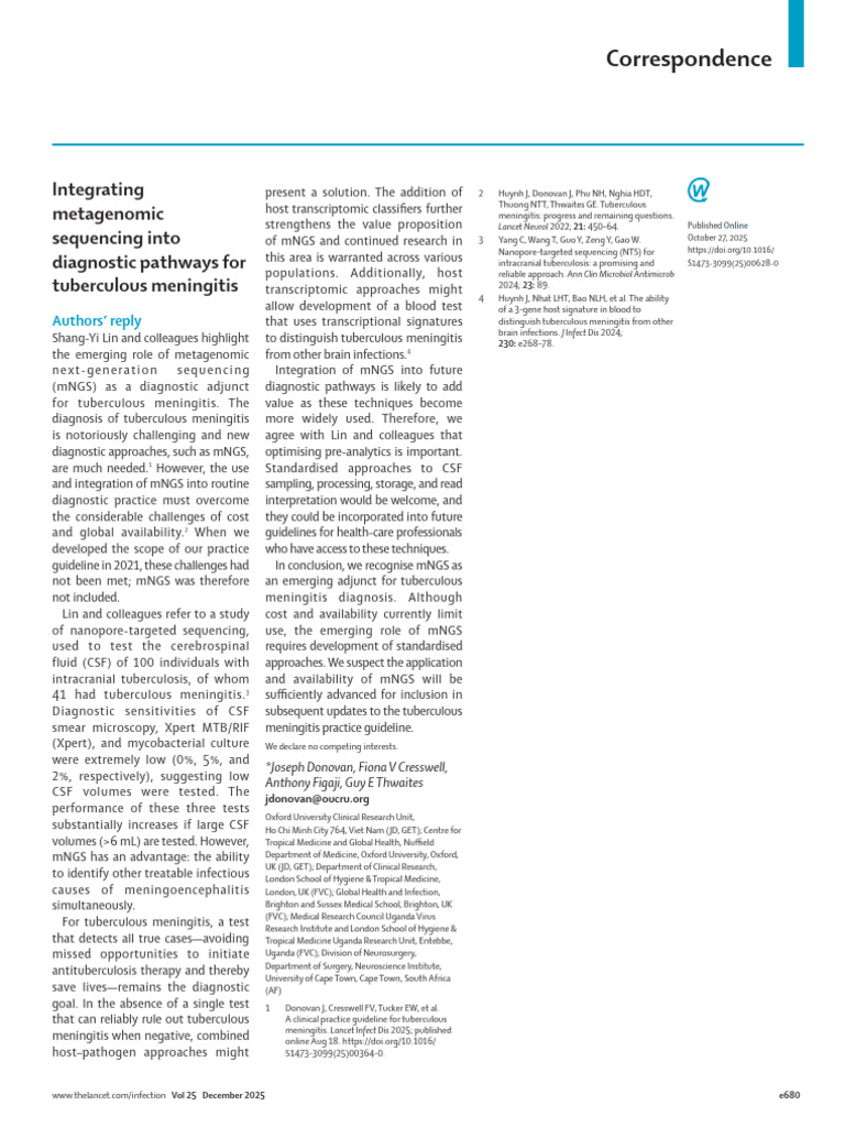 Integrating Metagenomic Sequencing Into Diagnostic 14 | PDF | Meningitis | Tuberculosis