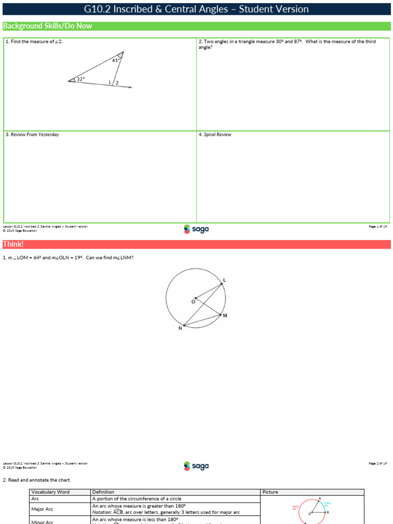 G10.2 Inscribed & Central Angles - Student Version | PDF | Circle | Angle