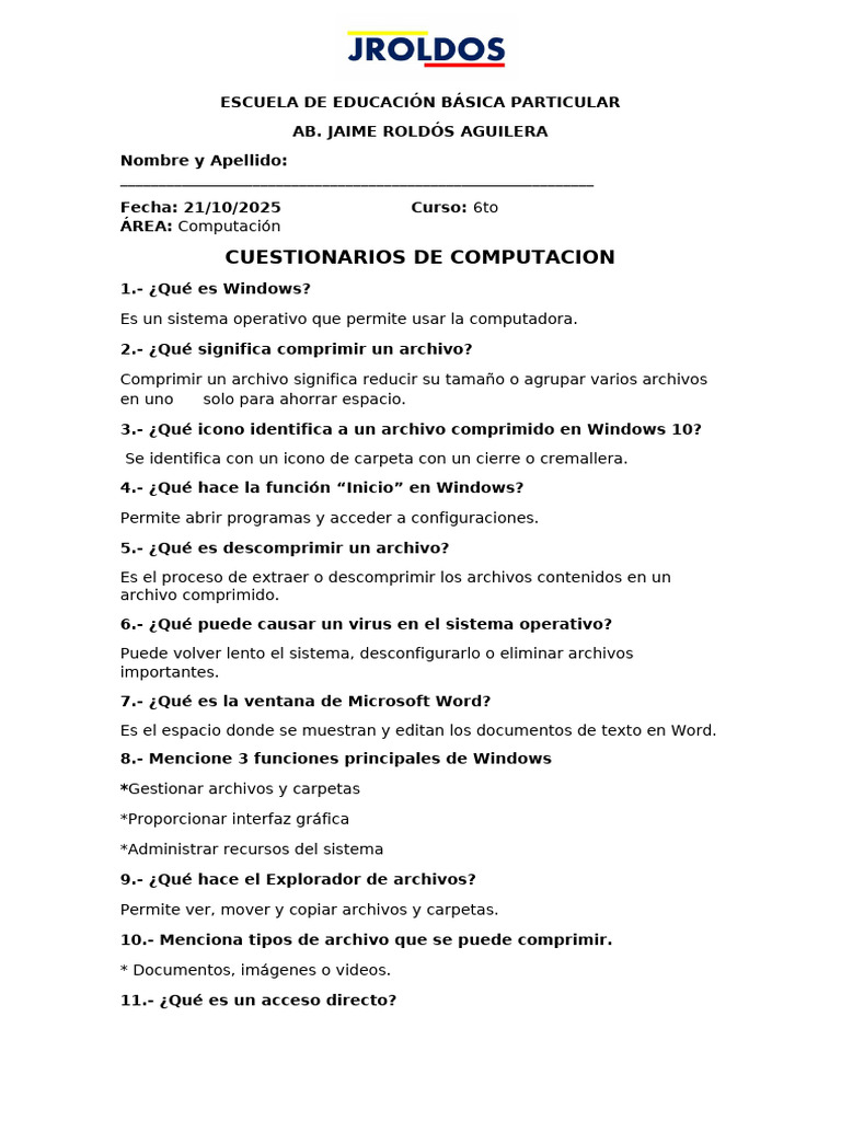 CUESTIONARIO DE COMPUTACION 6TO FINAL | PDF | Archivo de computadora | Microsoft Windows