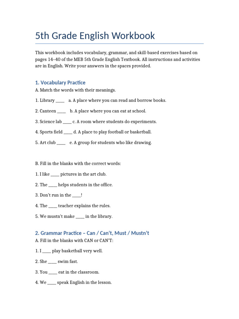 5th Grade English Workbook Exercises | PDF | English Language