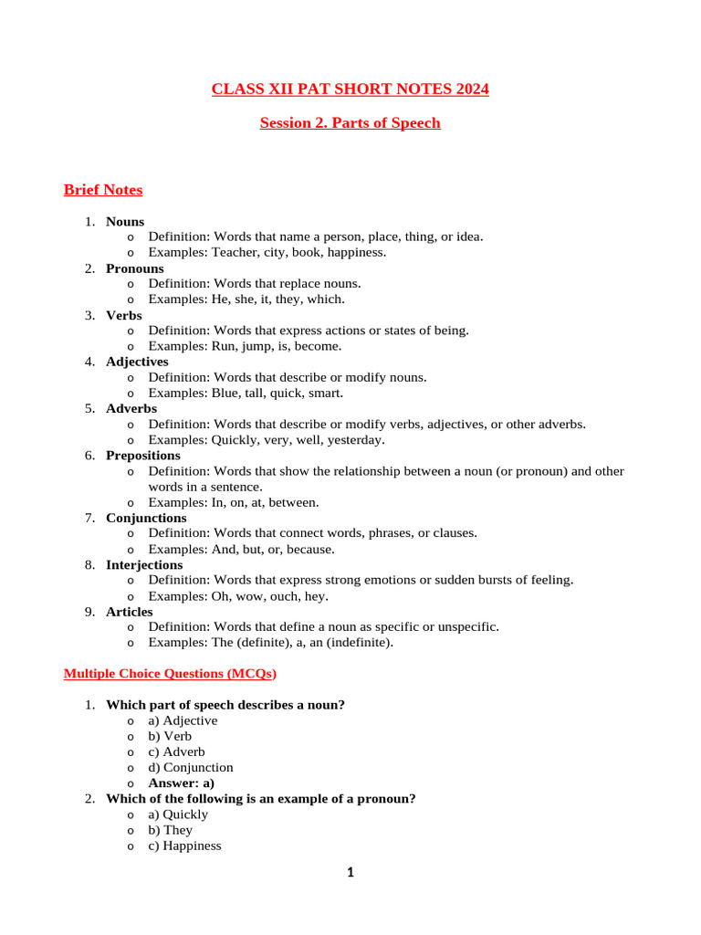 Class Xii Pat Short Notes & Qa 2024 | PDF | Adverb | Adjective