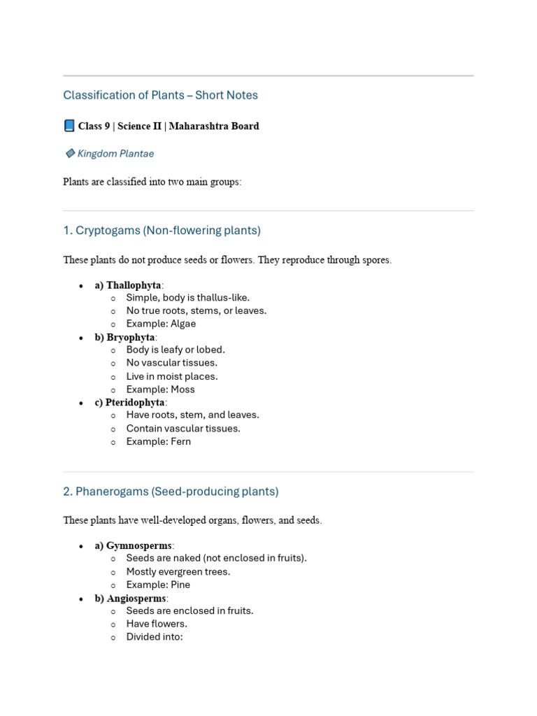 Classification of Plants Class 9 Science II | PDF
