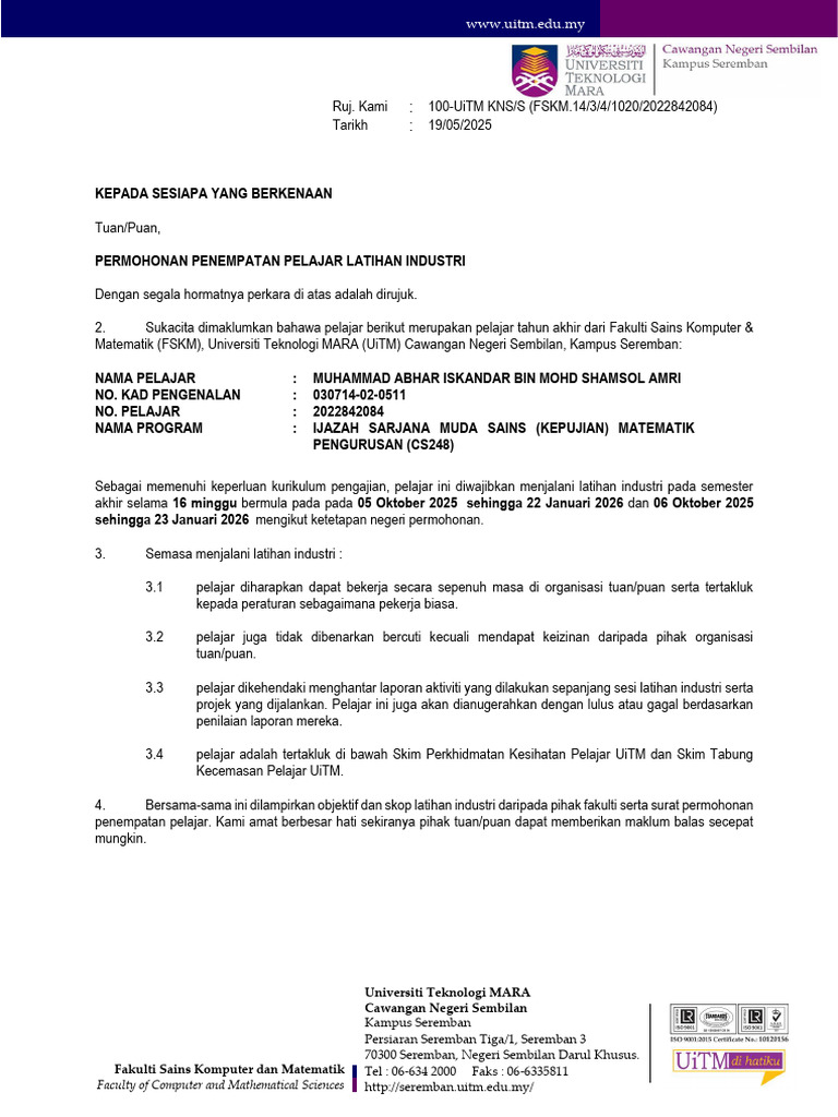 Official Letter UITM | PDF