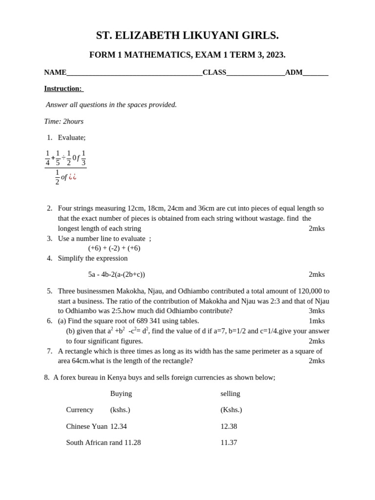 Form 1 Math ST - Elizabeth | PDF | Circle | Elementary Mathematics