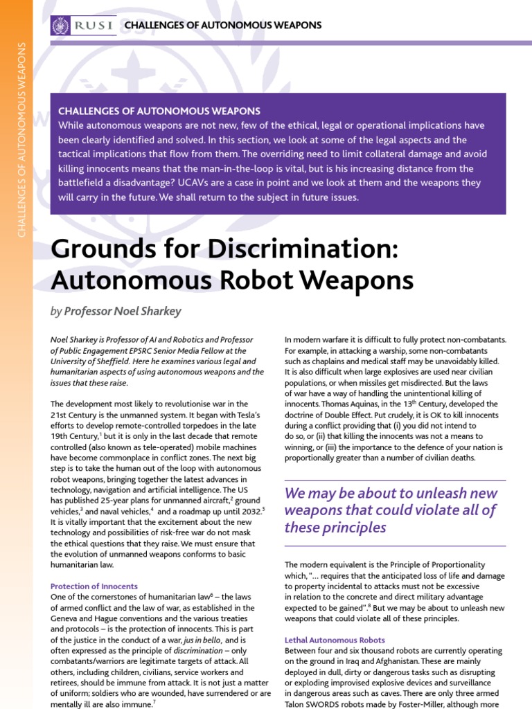 Grounds For Discrimination: Autonomous Robot Weapons | PDF | Civilian ...