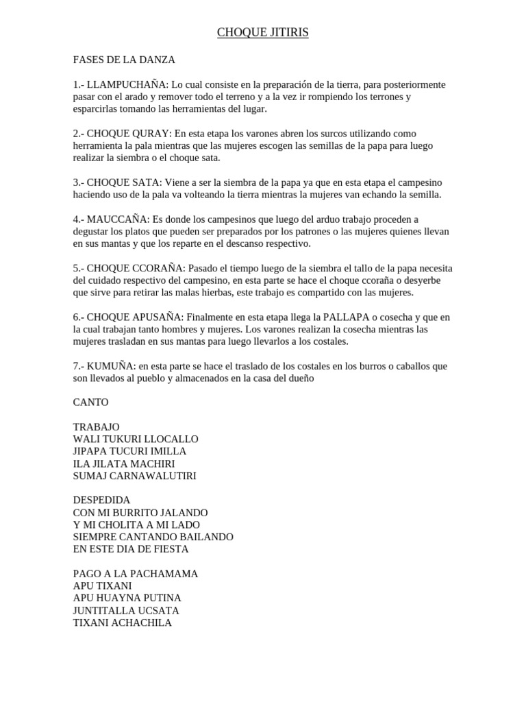 Fases y Vestimenta de la Danza Choque Jitiris | PDF