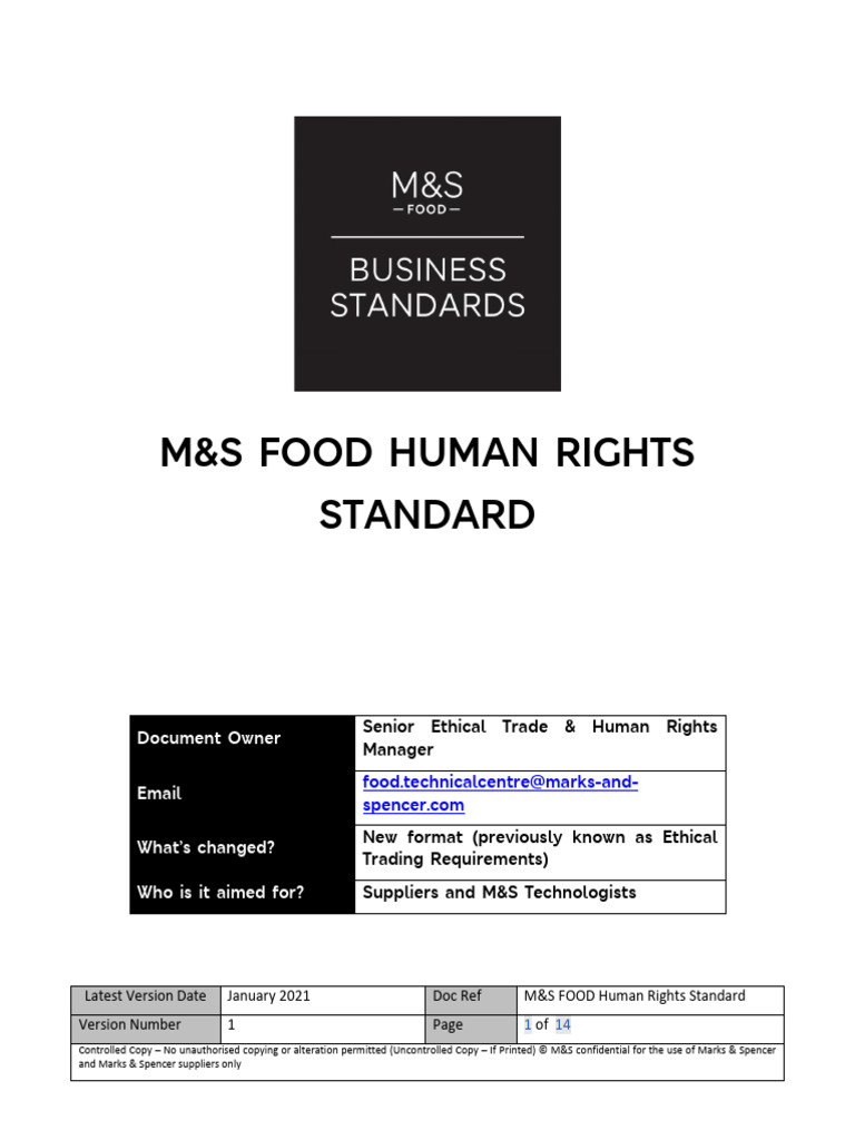 M and S Food Human Rights Standard April 2021 | PDF | Supply Chain | Risk
