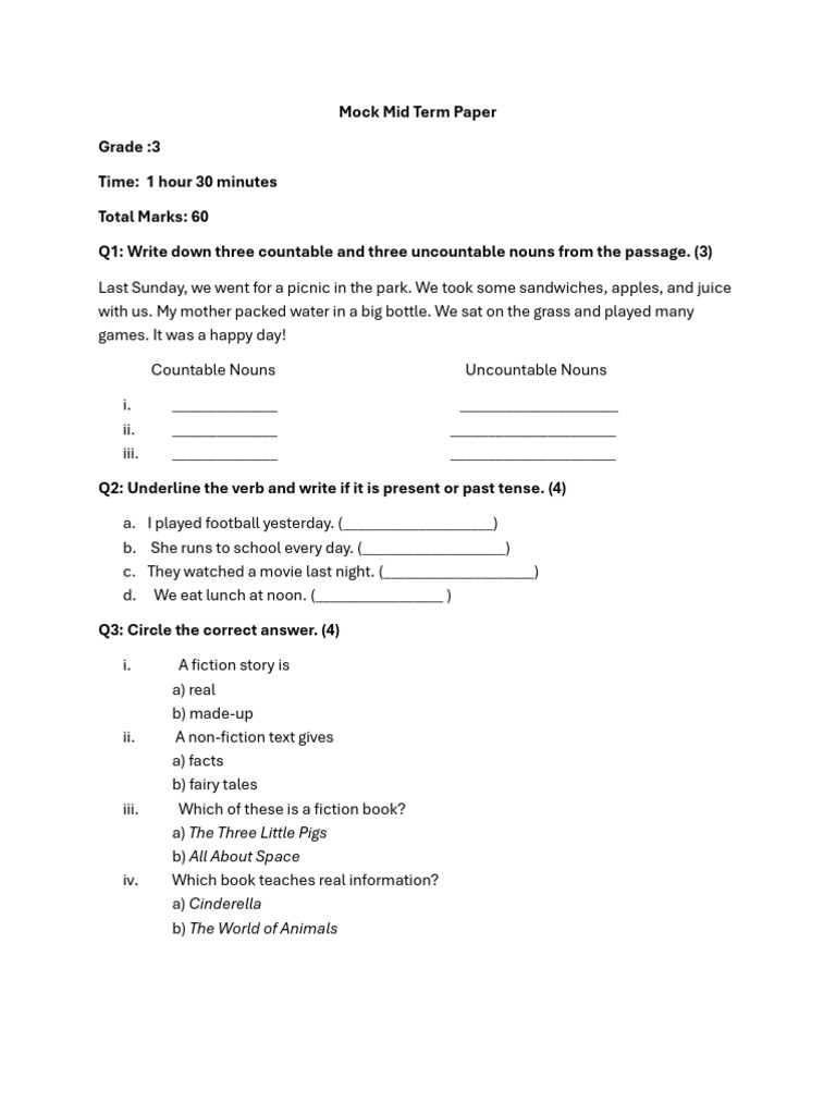 Grade 3 Mock Mid Term Exam Paper | PDF | Linguistics
