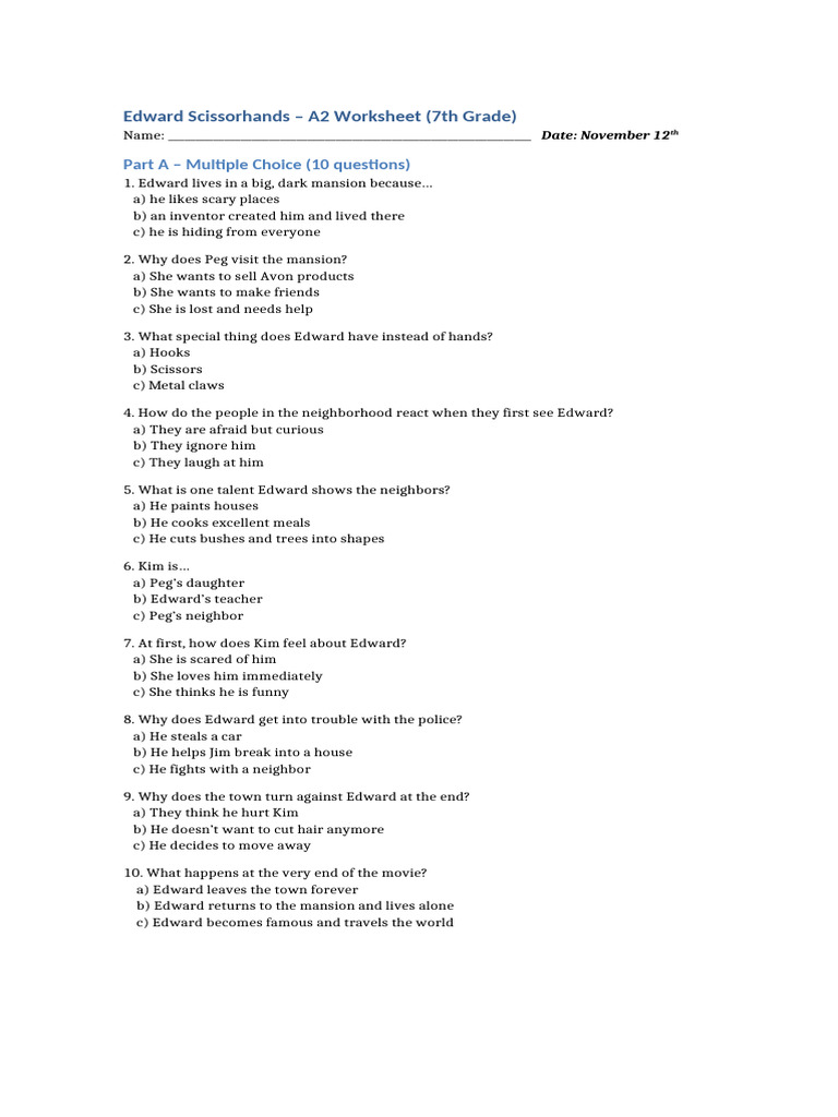 Edward Scissorhands A2 Worksheet for 7th Grade | PDF