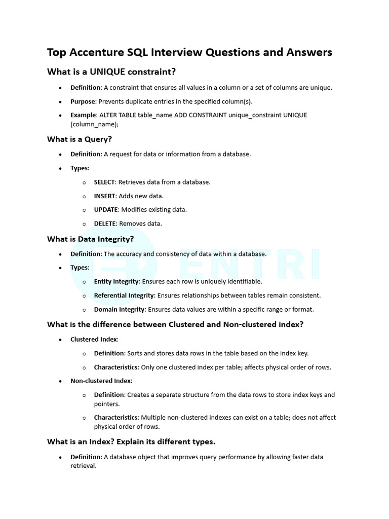 Top-Accenture-SQL-Interview-Questions-and-Answers | PDF | Database Index | Databases