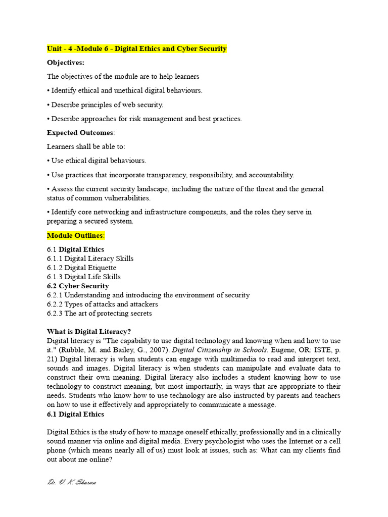 Notes Unit - 4 -Module 6 Digital Ethics and Cyber Security | PDF ...