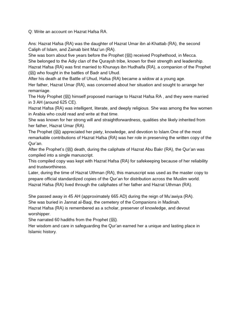 Account On Hazrat Hafsa RA | PDF