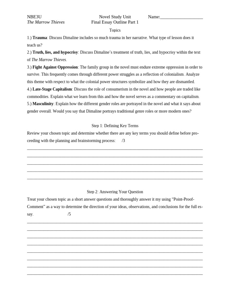 NBE3U Novel Essay Outline Part 1 Doc. | PDF | Essays | Novels