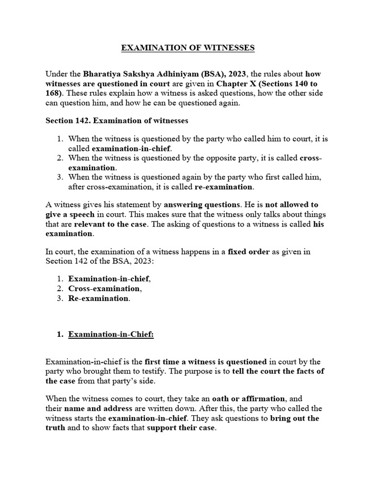 Witness Examination Under BSA 2023 | PDF | Witness | Cross Examination